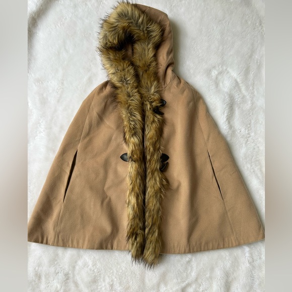 Jackets & Coats | Camel Felt Cape With Faux Fur Trim | Poshmark